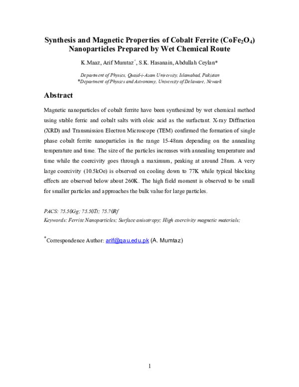 (PDF) Synthesis and magnetic properties of cobalt ferrite (CoFe2O4) nanoparticles prepared by ...