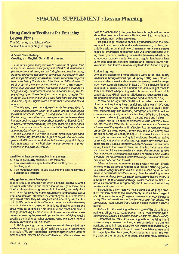 (PDF) Using student feedback for emerging lesson plans