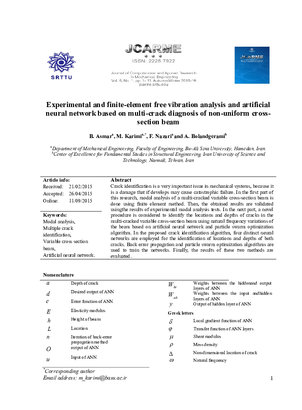 Pdf Experimental And Finite Element Free Vibration Analysis And
