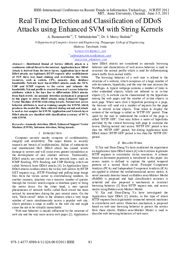 Pdf Real Time Detection And Classification Of Ddos Attacks Using Enhanced Svm With String Kernels