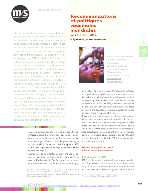(PDF) Recommandations et politiques vaccinales mondiales : le rôle de l’OMS