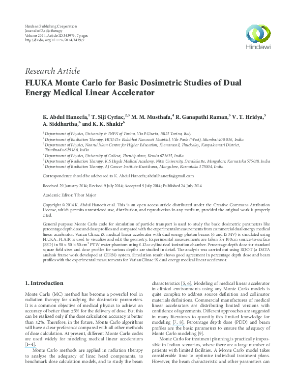 (PDF) FLUKA Monte Carlo for Basic Dosimetric Studies of Dual Energy Medical Linear Accelerator