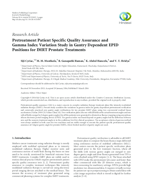 (PDF) Pretreatment Patient Specific Quality Assurance and Gamma Index Variation Study in Gantry ...