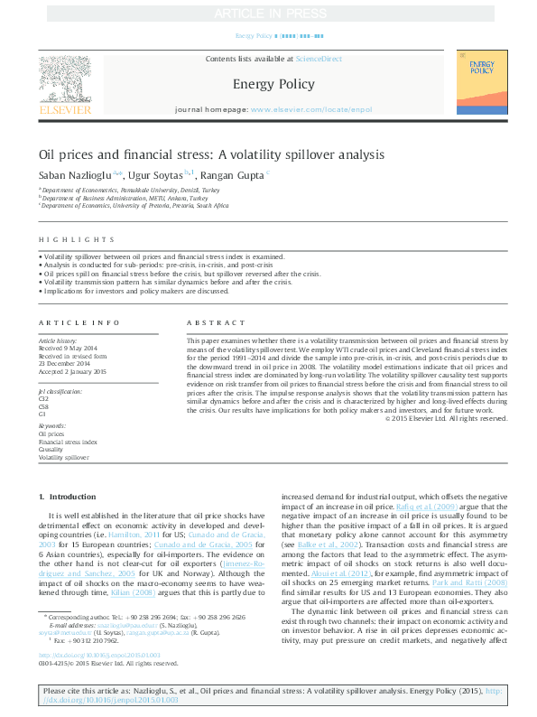 (PDF) Oil prices and financial stress: A volatility spillover analysis