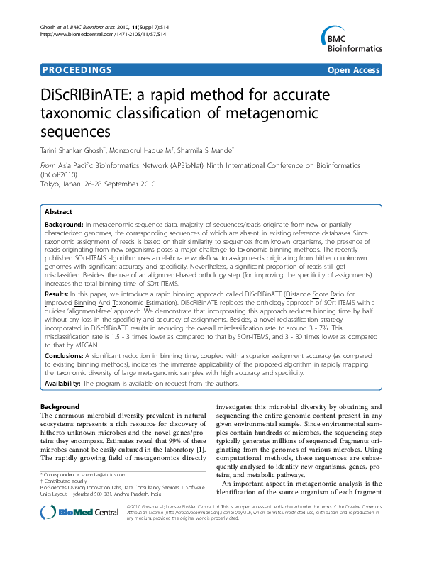 (PDF) DiScRIBinATE: a rapid method for accurate taxonomic classification of metagenomic sequences