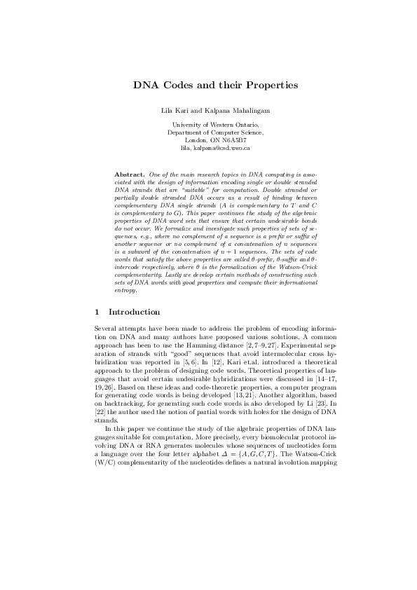 (PDF) DNA Codes and Their Properties