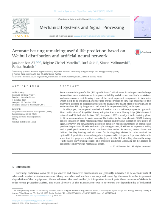 (PDF) Accurate bearing remaining useful life prediction based on Weibull distribution and ...