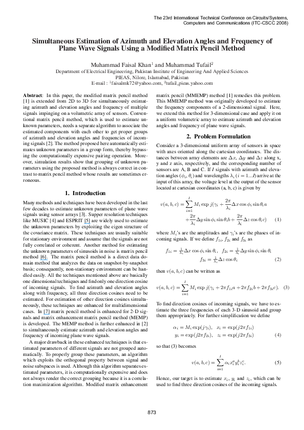 (PDF) Simultaneous Estimation of Azimuth and Elevation Angles and Frequency of Plane Wave ...