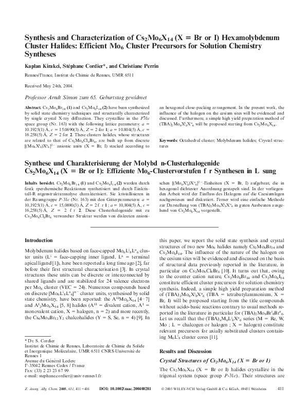 (PDF) Synthesis and Characterization of Cs2Mo6X14 (X = Br or I ...