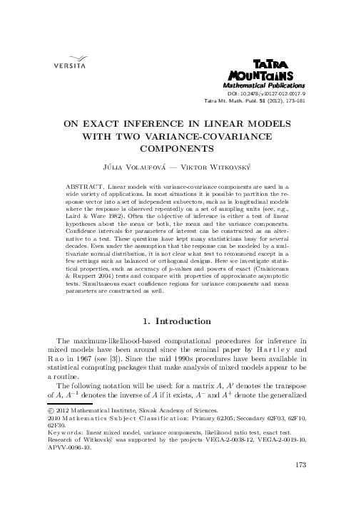 Pdf On Exact Inference In Linear Models With Two Variance Covariance Components