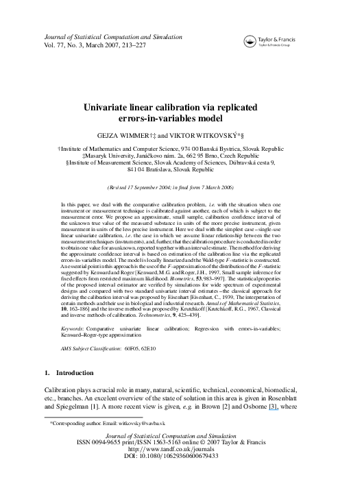 (PDF) Univariate linear calibration via replicated errors-in-variables model