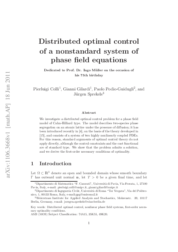 Pdf Distributed Optimal Control Of A Nonstandard System Of Phase
