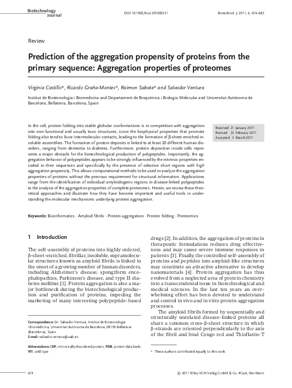 (PDF) Prediction of the aggregation propensity of proteins from the ...