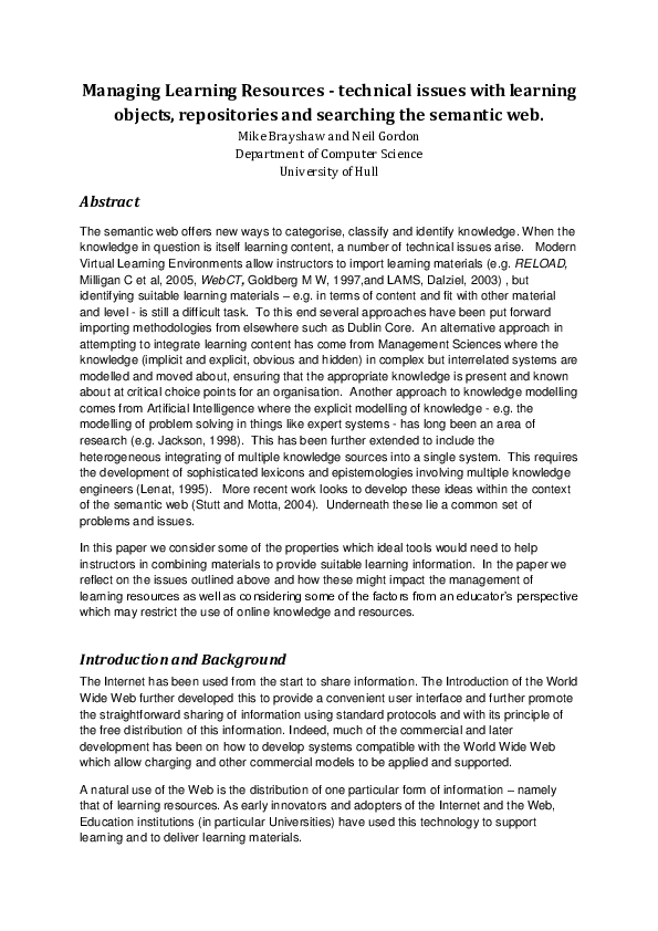 (PDF) Managing learning resources–technical issues with learning objects, repositories and ...