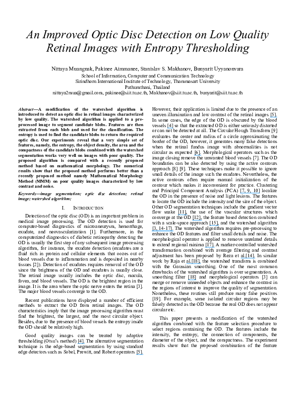(PDF) An improved optic disc detection on low quality retinal images with entropy thresholding