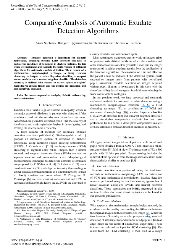 Pdf Comparative Analysis Of Automatic Exudate Detection Between Machine Learning And