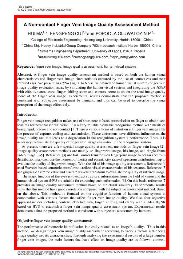 (PDF) A Non-contact Finger Vein Image Quality Assessment Method