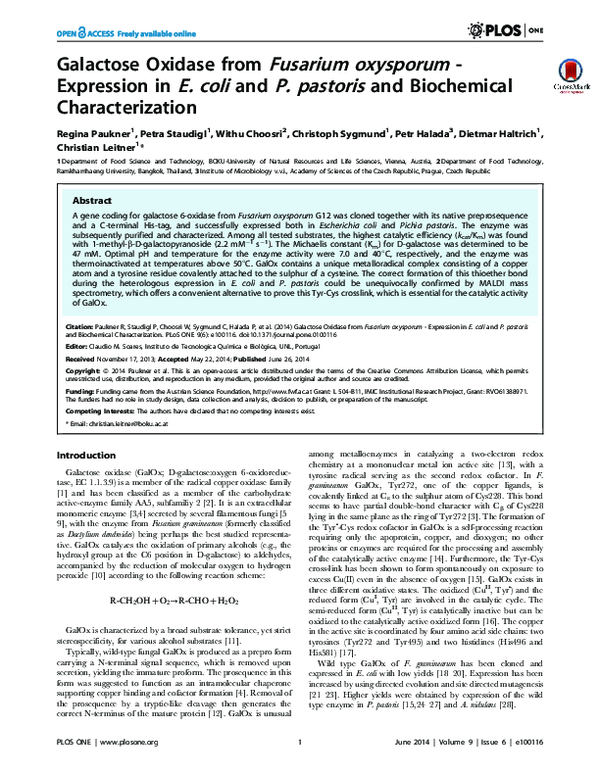 (PDF) Galactose Oxidase from Fusarium oxysporum - Expression in E. coli ...