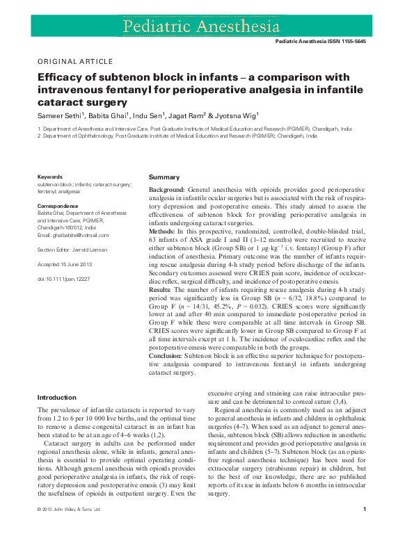 (PDF) Efficacy of subtenon block in infants - a comparison with ...