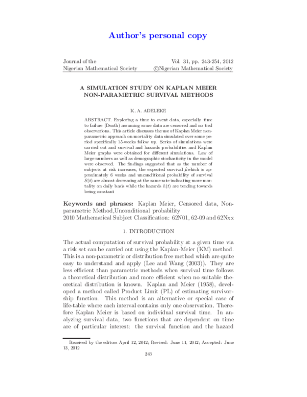 (PDF) A SIMULATION STUDY ON KAPLAN MEIER NON-PARAMETRIC SURVIVAL METHODS