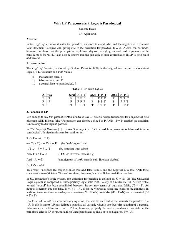 (PDF) Why LP Paraconsistent Logic is Paradoxical