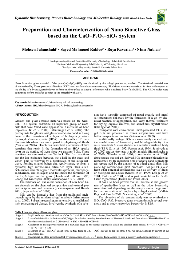 (PDF) Preparation and Characterization of Nano Bioactive Glass based on the CaO–P 2 O 5 –SiO 2 ...