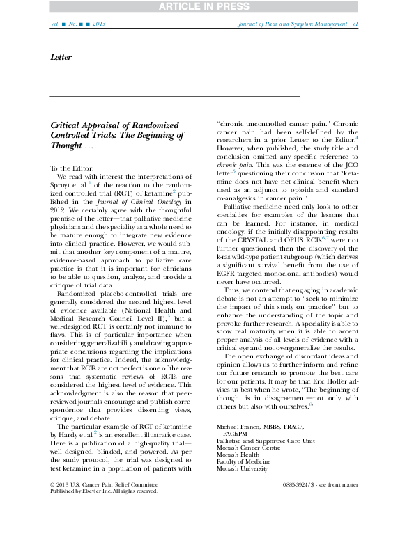 (PDF) Critical Appraisal of Randomized Controlled Trials: The Beginning of Thought