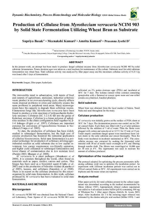 (PDF) Production of Cellulase from Myrothecium verrucaria NCIM 903 by Solid State Fermentation ...