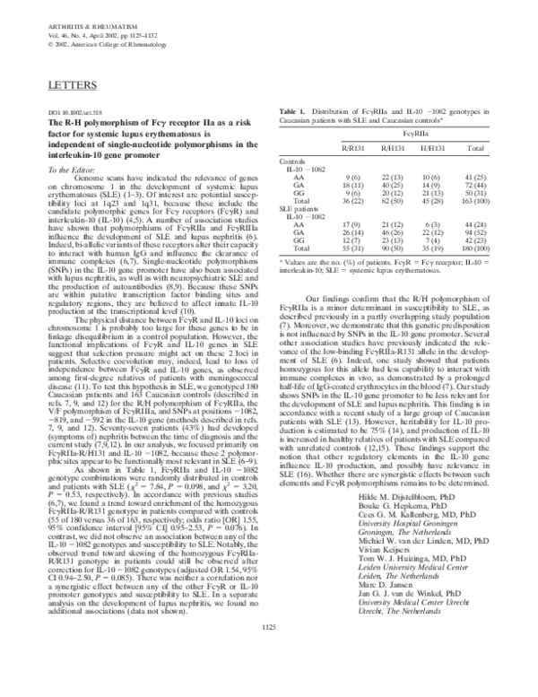 (PDF) The R-H polymorphism of FC? receptor IIa as a risk factor for systemic lupus erythematosus ...