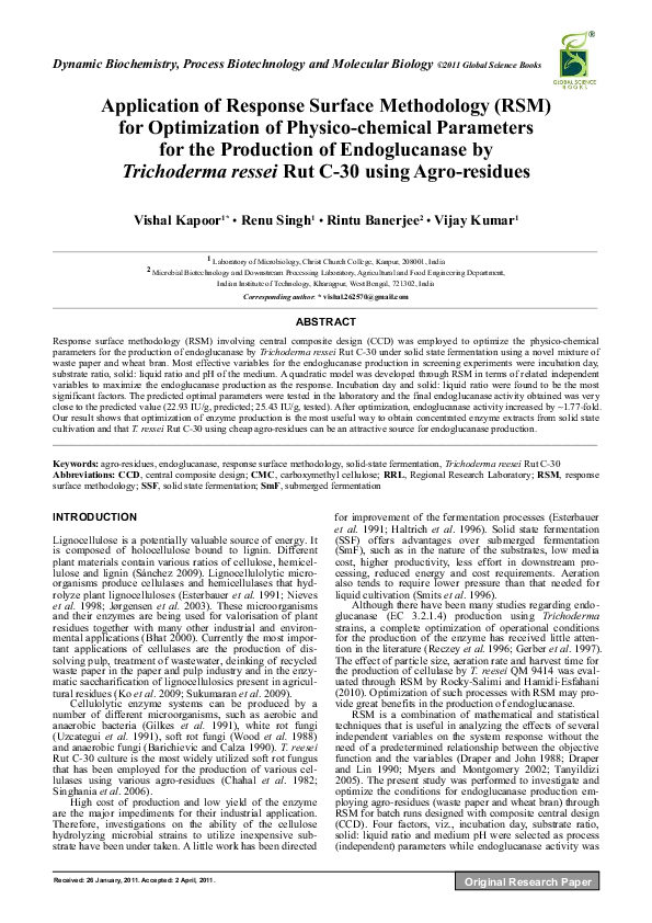 (PDF) Application of Response Surface Methodology (RSM) for Optimization of Physico-chemical ...