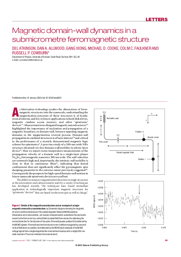 Pdf Magnetic Domain Wall Dynamics In A Submicrometre Ferromagnetic Structure