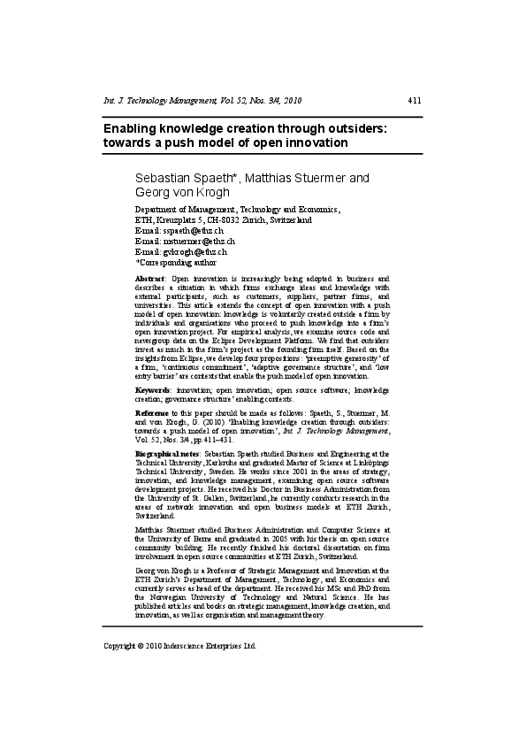 (PDF) Enabling knowledge creation through outsiders: towards a push model of open innovation