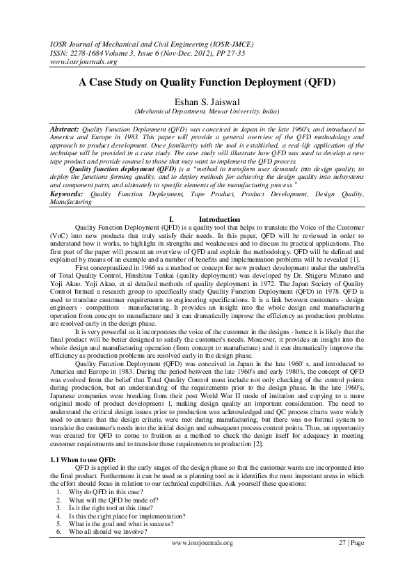 (PDF) A Case Study on Quality Function Deployment (QFD