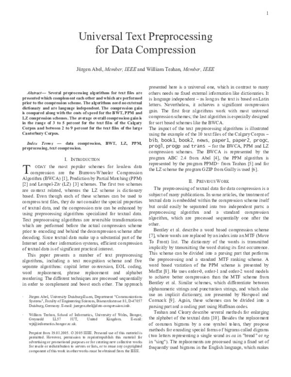 Pdf Universal Text Preprocessing For Data Compression