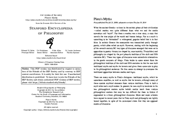 (PDF) ‘Plato’s Myths’, Stanford Encyclopedia of Philosophy, E. N. Zalta ...