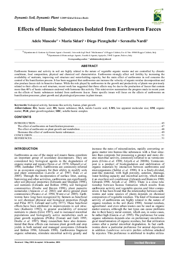 (PDF) Effects of Humic Substances Isolated from Earthworm Faeces