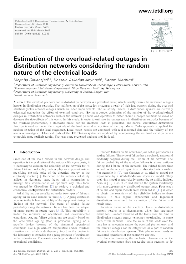 (PDF) Estimation of the overload-related outages in distribution networks considering the random ...
