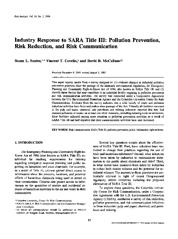 (PDF) Industry Response to SARA Title III: Pollution Prevention, Risk ...