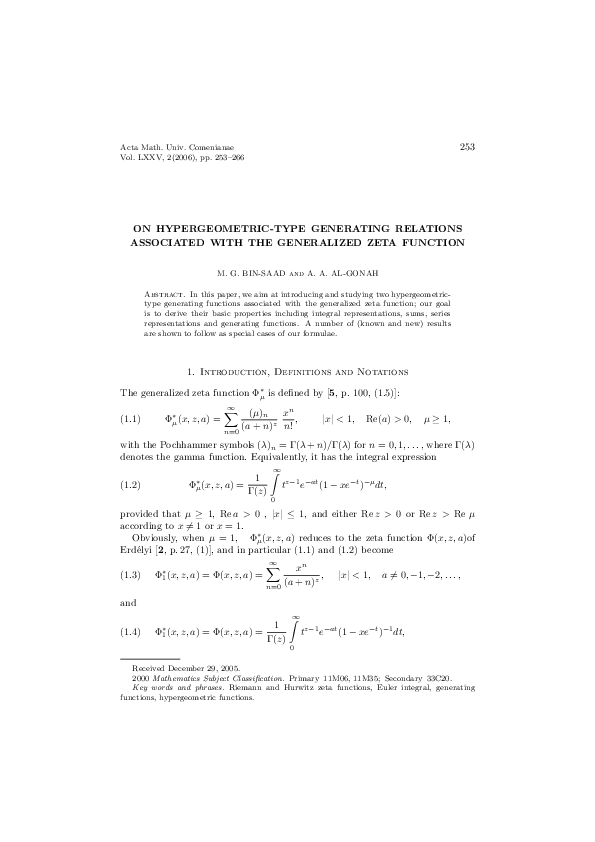 Pdf On Hypergeometric Type Generating Relations Associated With The Generalized Zeta Function