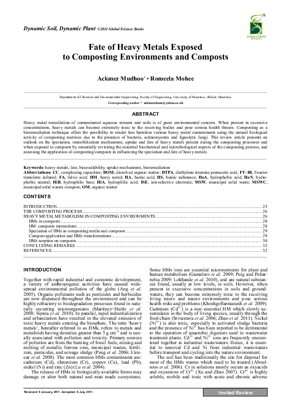 (PDF) Fate of Heavy Metals Exposed to Composting Environments and Composts