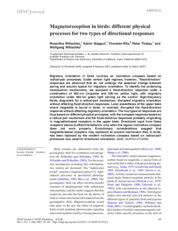 (PDF) Magnetoreception in birds: different physical processes for two ...
