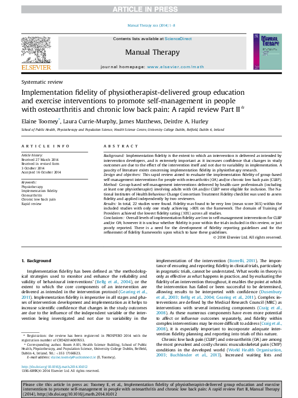 (PDF) Implementation fidelity of physiotherapist-delivered group ...