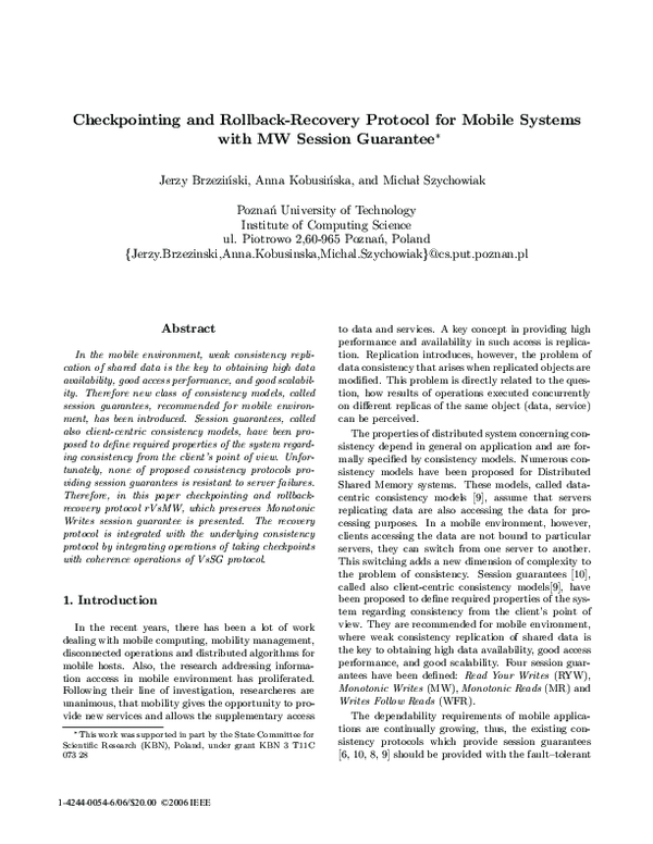 (PDF) Checkpointing and rollback-recovery protocol for mobile systems with MW session guarantee