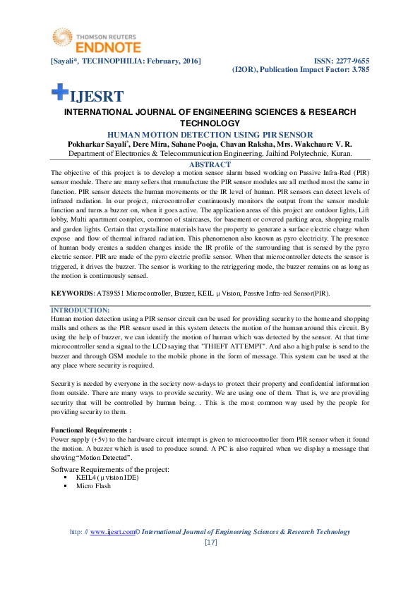Pdf Human Motion Detection Using Pir Sensor