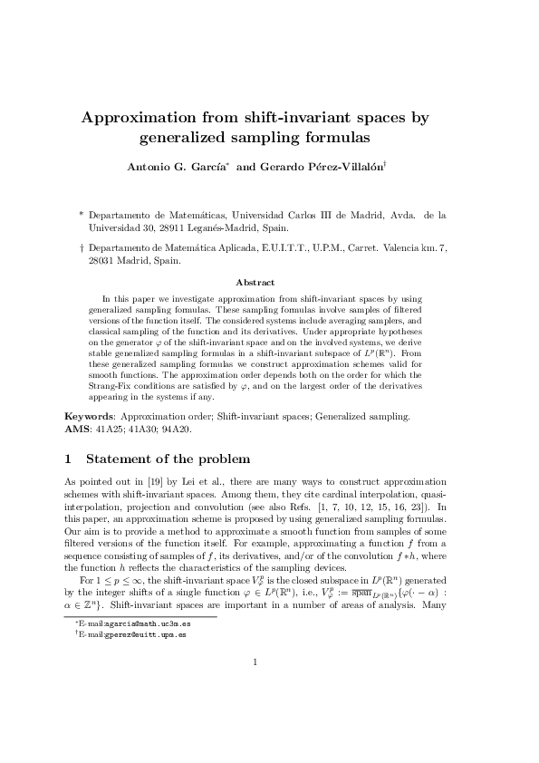 Pdf Approximation From Shift Invariant Spaces By Generalized Sampling Formulas