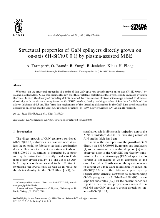 (PDF) Structural properties of GaN epilayers directly grown on on-axis 6H-SiC(0001) by plasma ...