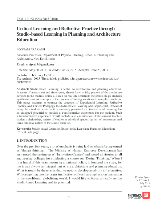 (PDF) Critical Learning and Reflective Practice through Studio-based ...