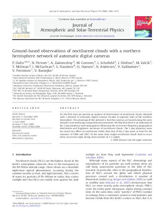 (PDF) Ground-based observations of noctilucent clouds with a northern hemisphere network of ...