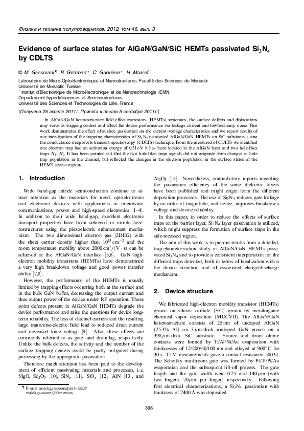 (PDF) Evidence of surface states for AlGaN/GaN/SiC HEMTs passivated ...