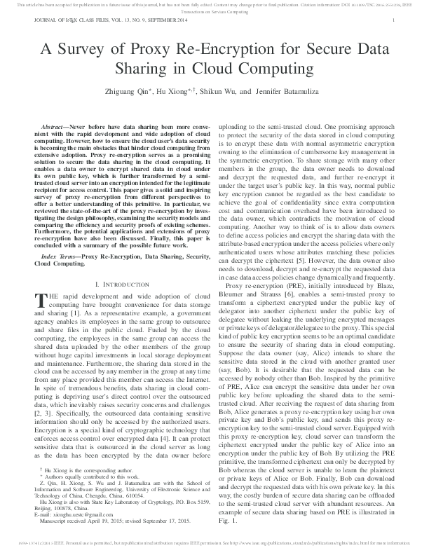 Pdf A Survey Of Proxy Re Encryption For Secure Data Sharing In Cloud Computing